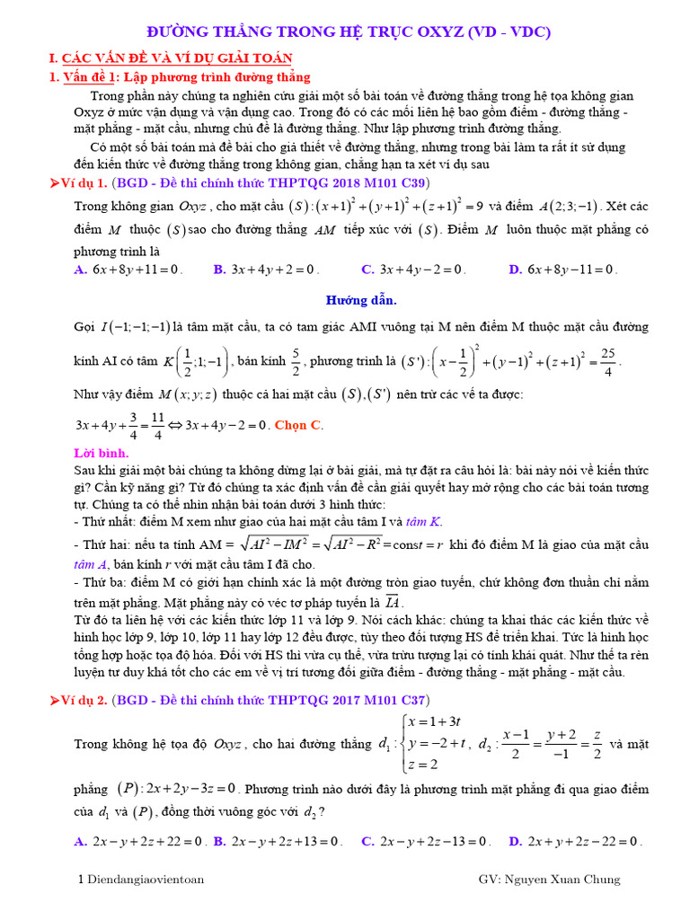46807.Đường Thẳng Trong Hệ Trục Oxyz (VD - VDC) - Nguyễn Xuân Chung | PDF