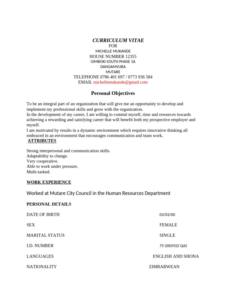 Michelle Mukande CV and Qualifications | PDF | Psychology | Zimbabwe