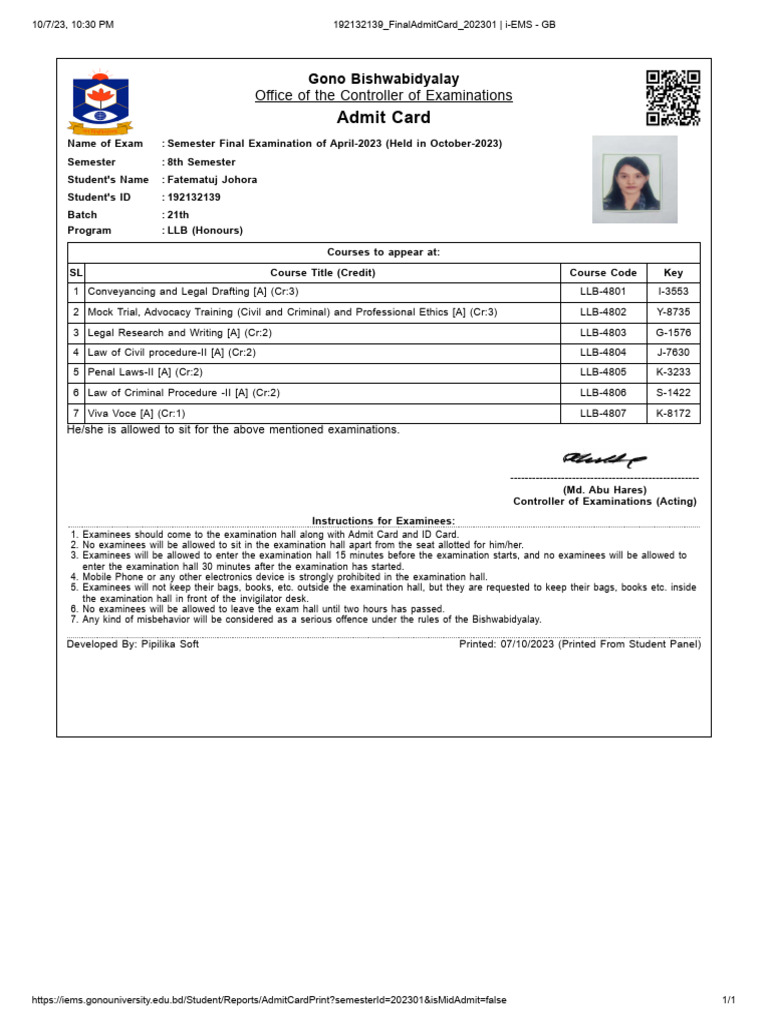 Tithi Admit Card | PDF