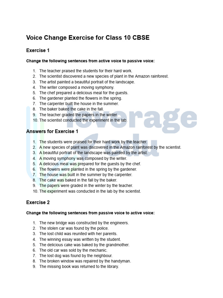 Voice Change Exercise For Class 10 TH | PDF