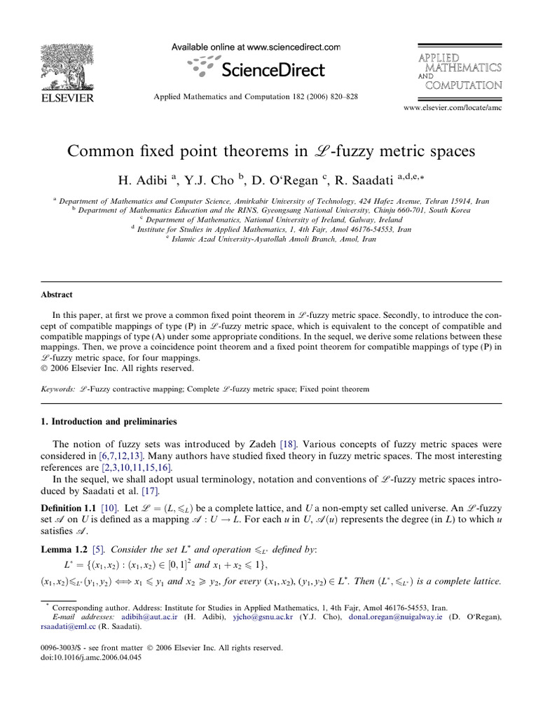 Common Fixed Point Theorems In Fuzzy Metric Spaces Applied Mathematics And Computation Vol