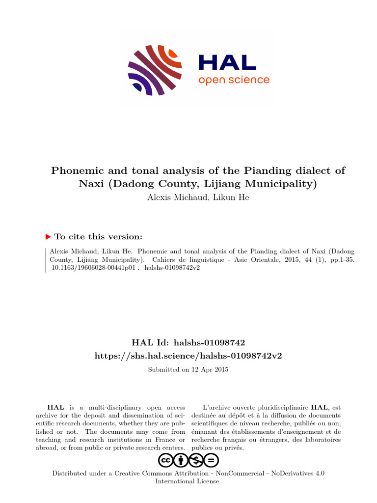 Phonemic and Tonal Analysis of The Pianding Dialect of Naxi (Dadong ...