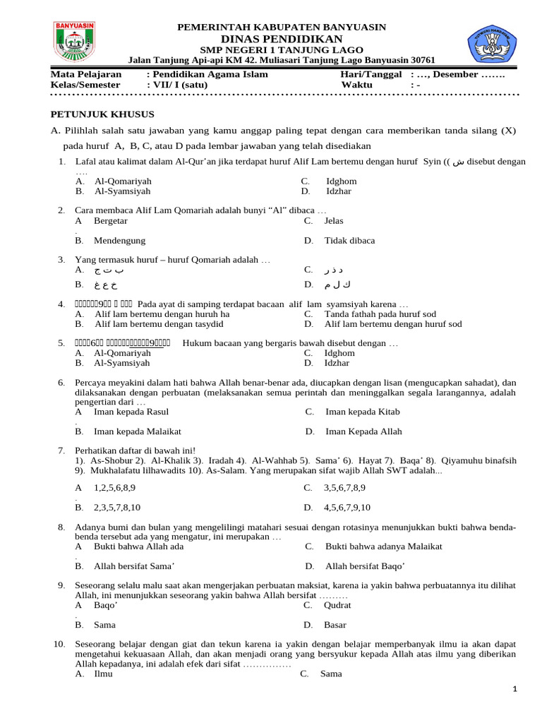 Soal Pai SMP Kelas Vii Semester Ganjil | PDF