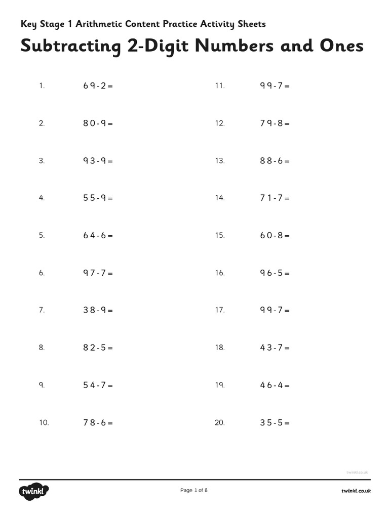 T N 4766 KS1 Arithmetic Content Practice Activity Sheets Subtracting 2 ...