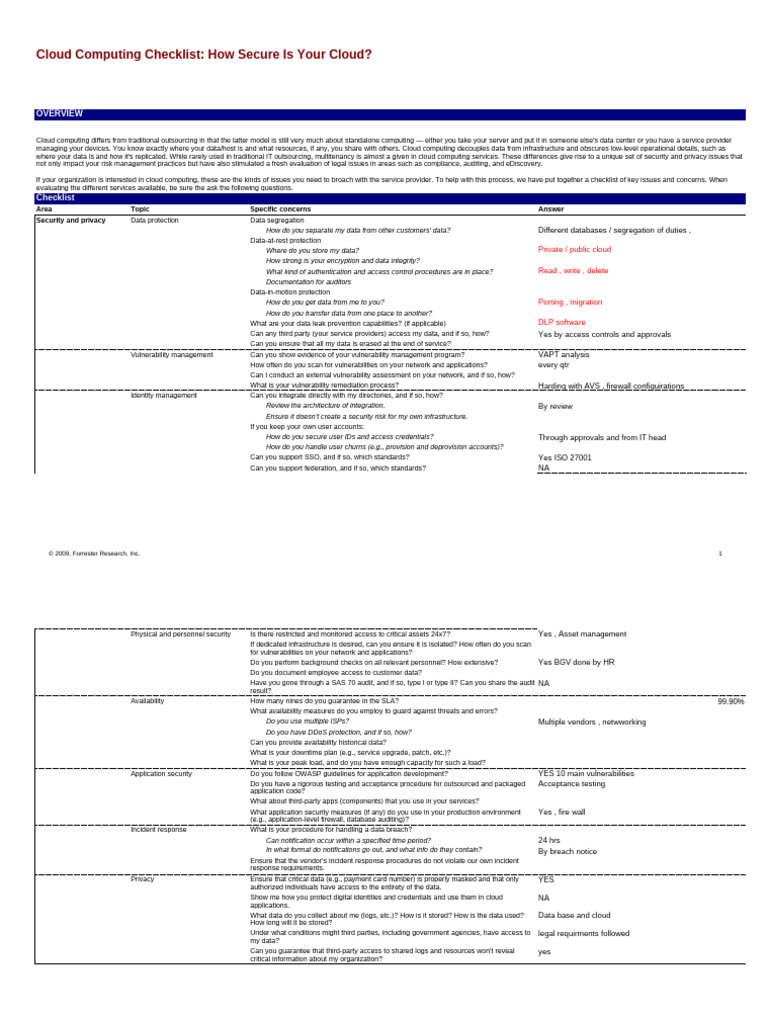 Cloud Computing Checklist. | PDF