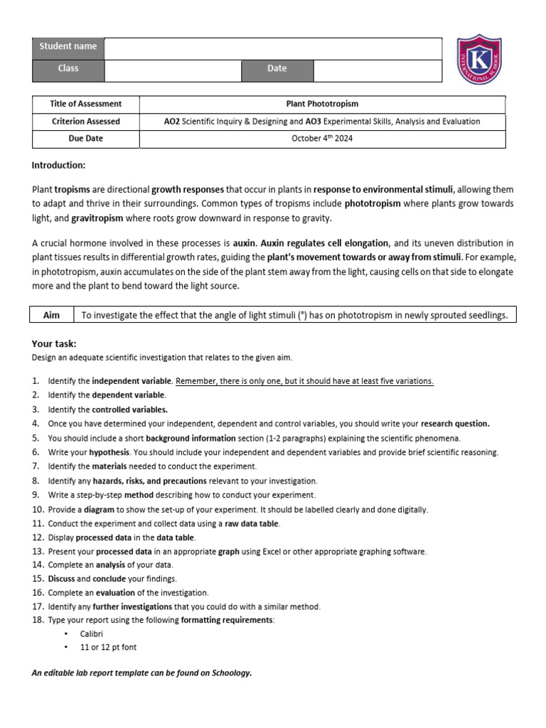 AO2 AO3 Plant Tropisms Task Sheet | PDF