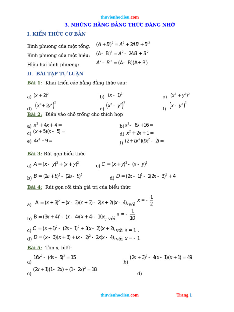 Bai Tap Toan Lop 8 Nhung Hang Dang Thuc Dang Nho | PDF