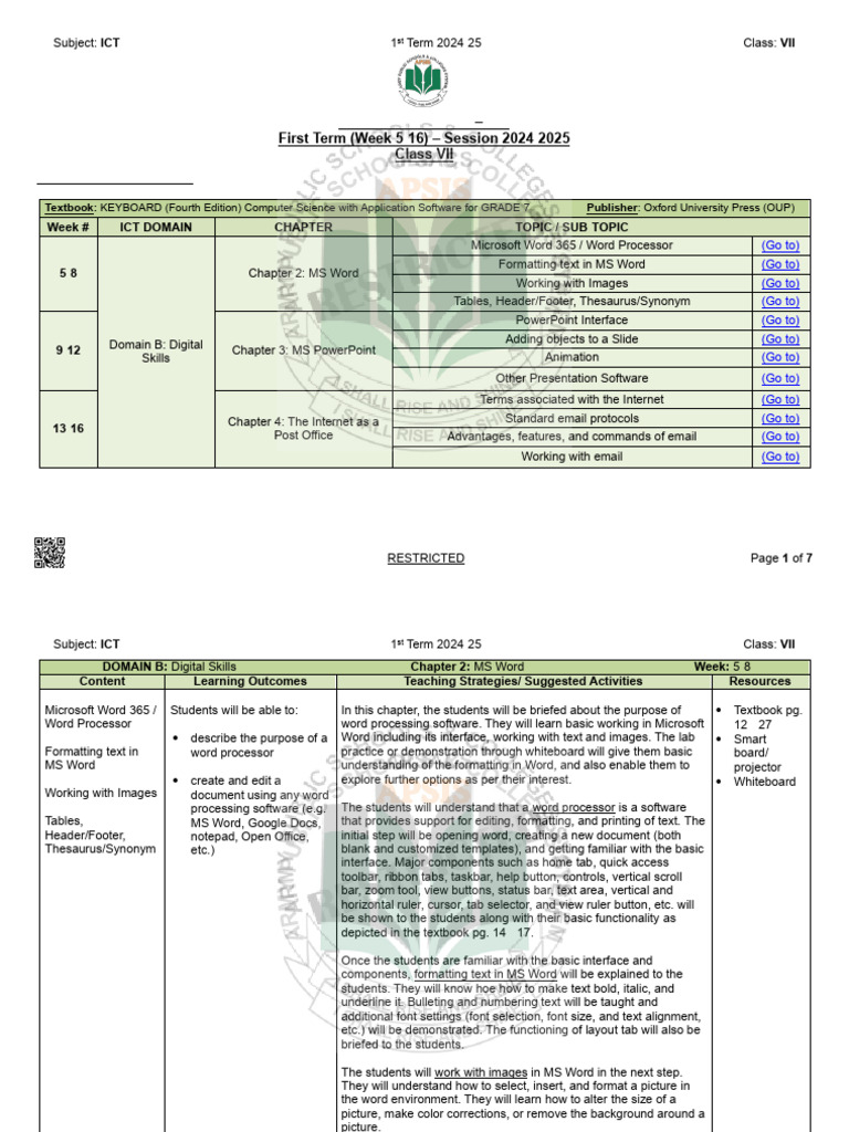 Class - VII - SOW - ICT - 1st Term 2024-25 (Week 5-16) | PDF