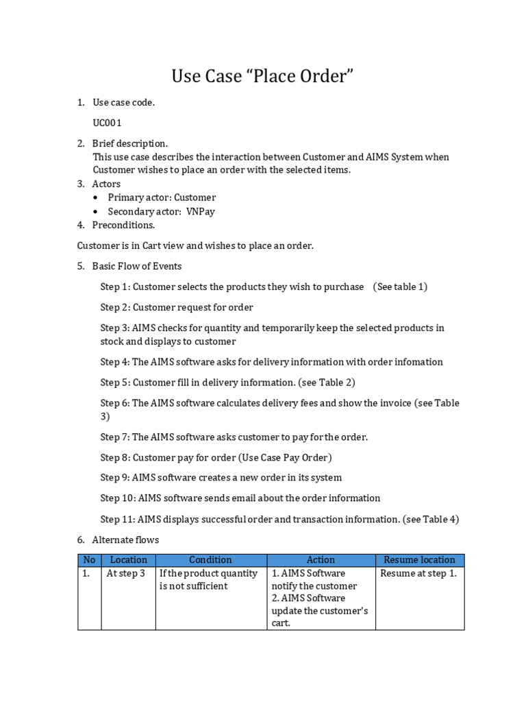Use Case Specification - Place Order With Pay Order & Place Rush Order | PDF