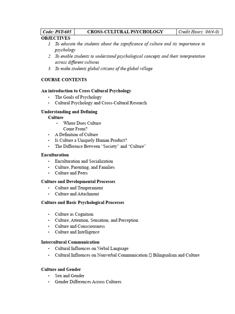 Cross-Cultural Psychology Course Outline | PDF