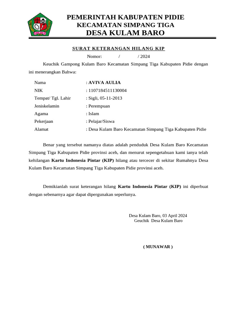 Surat Keterangan Hilang Kip Kulam Baroe | PDF