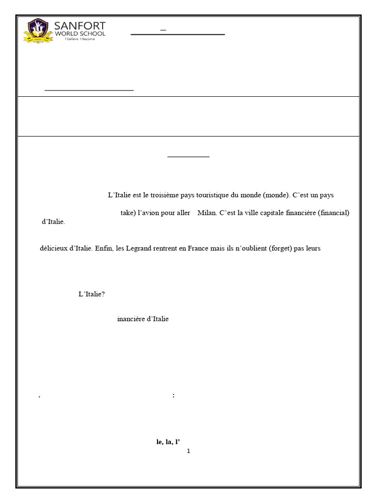Class 6 French Term I Question Paper | PDF