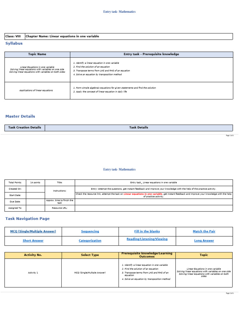 Entry Task Linear Equations in One Variable CH 7 Math VIII CBSE | PDF