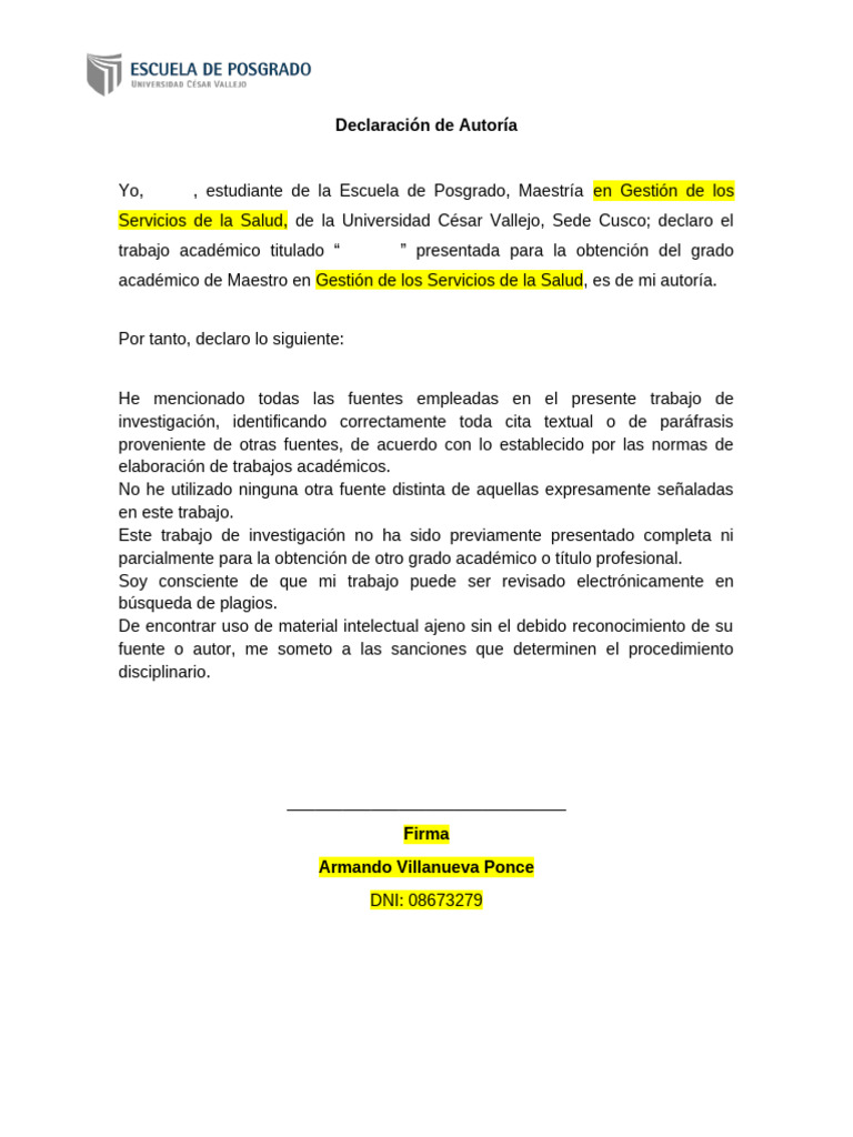 Declaración de Autoria | PDF