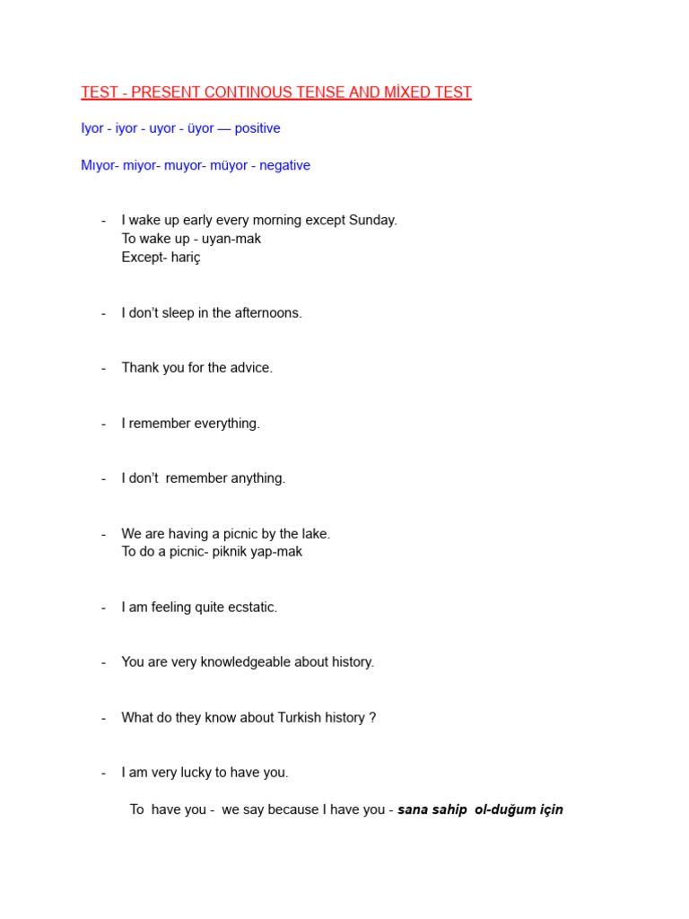 Test - Present Continous Tense and Mi̇xed Test | PDF