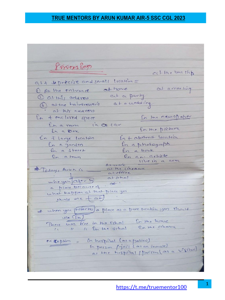 English Preposition Hand Written Notes | PDF