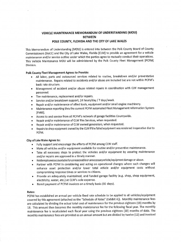 Vehicle Maintenance Memorandum of Understanding (Mou) Between Polk ...