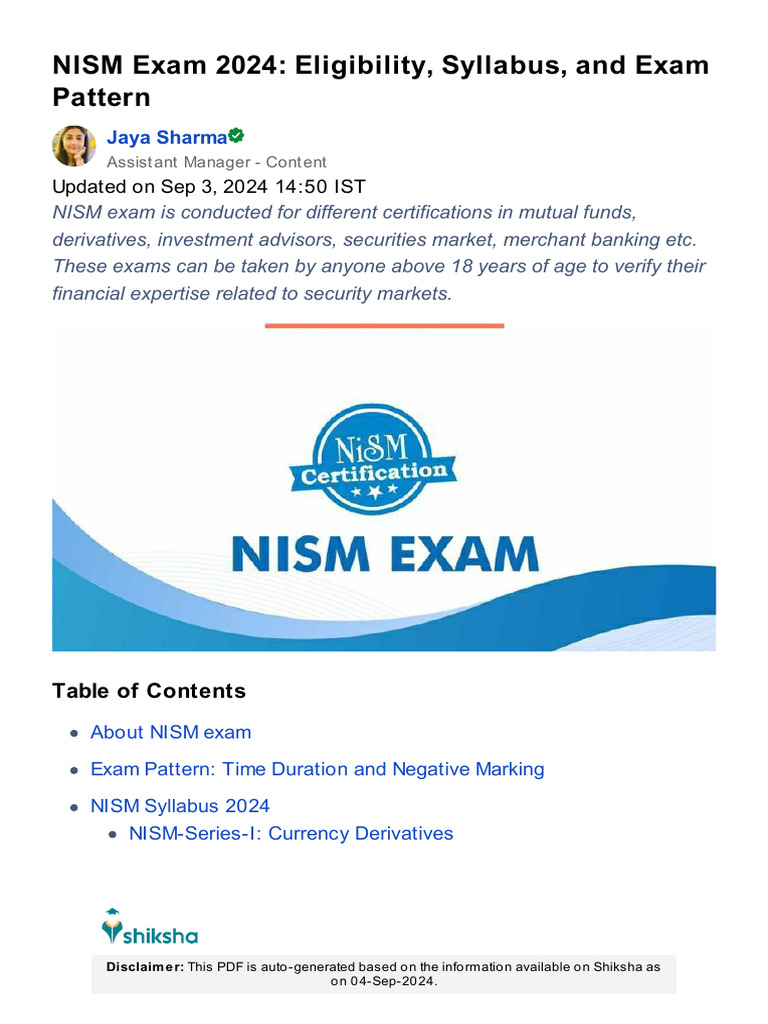 NISM Exam 2024: Eligibility, Syllabus, and Exam Pattern: Jaya Sharma | PDF