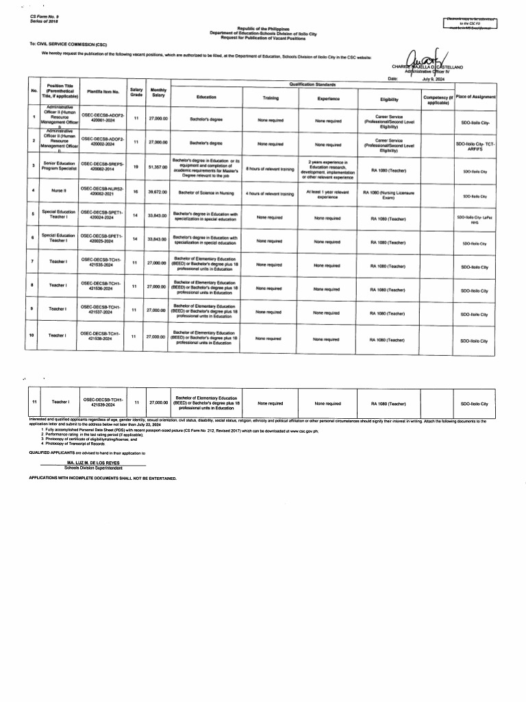 Notice of Vacancy As of July 9, 2024 | PDF
