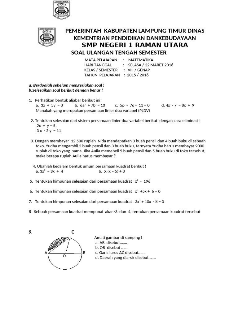 Soal Uts KL 8 SMT GNP 2015 2016, SMT GNJL 2016 | PDF