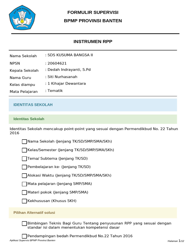 Instrumen RPP - Supervisi | PDF