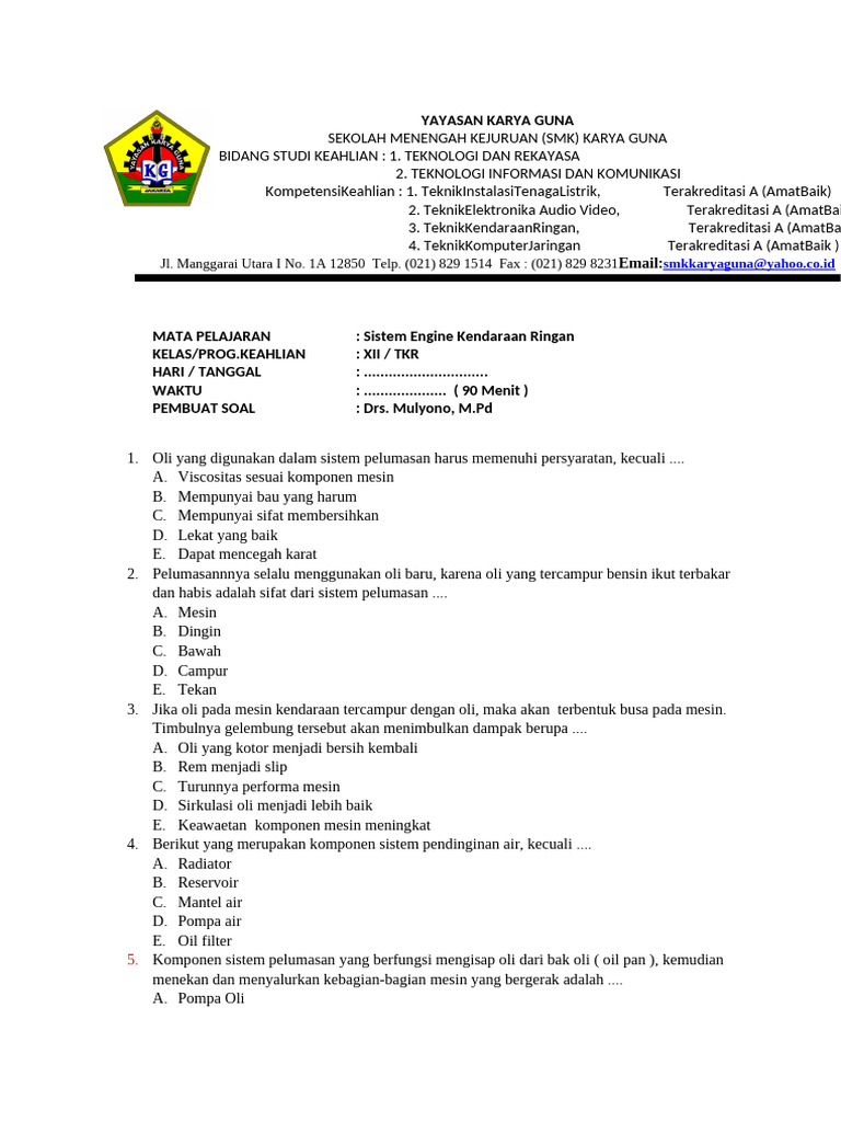 SOAl Sistem Engine Kendaraan Ringan PK1 | PDF