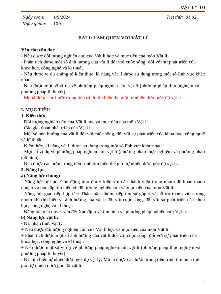 VL10. Bai 1. Lam Quen Voi Vat Li | PDF