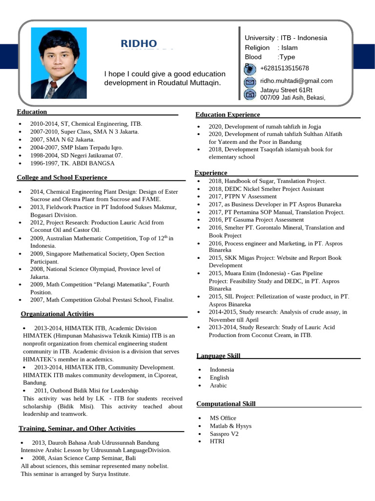 CV A.N Ridho Muhtadi Bidang Pendidikan | PDF