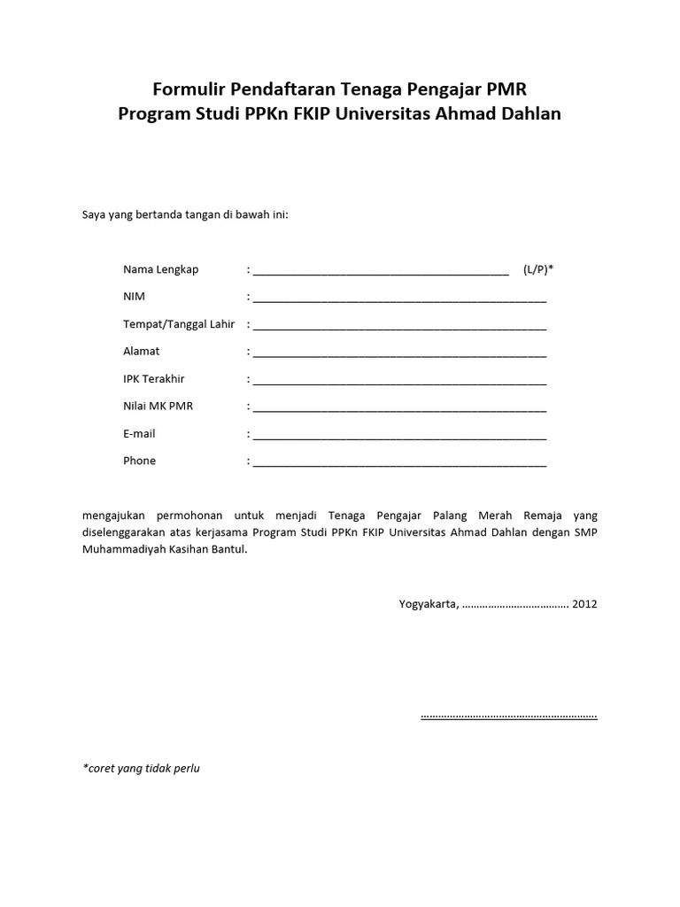 Formulir Pendaftaran Tenaga Pengajar PMR | PDF