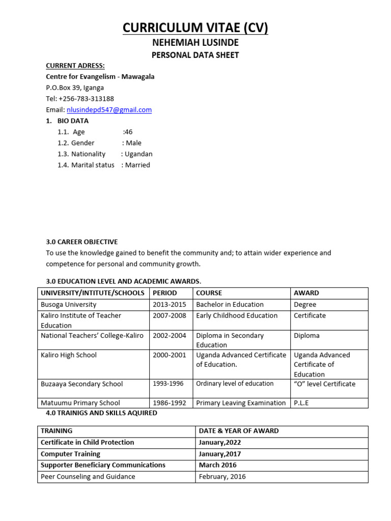 Curriculum Vitae Lusinde Nehemiah | PDF