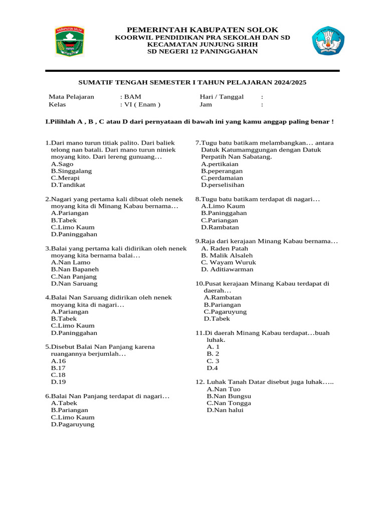 Naskah Soal Ujian Mid Kelas Vi Mapel Bam | PDF