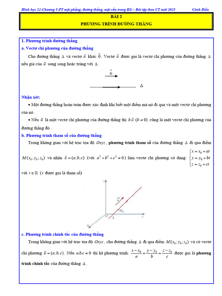 Cac Dang Bai Tap Phuong Trinh Duong Thang Toan 12 Canh Dieu | PDF