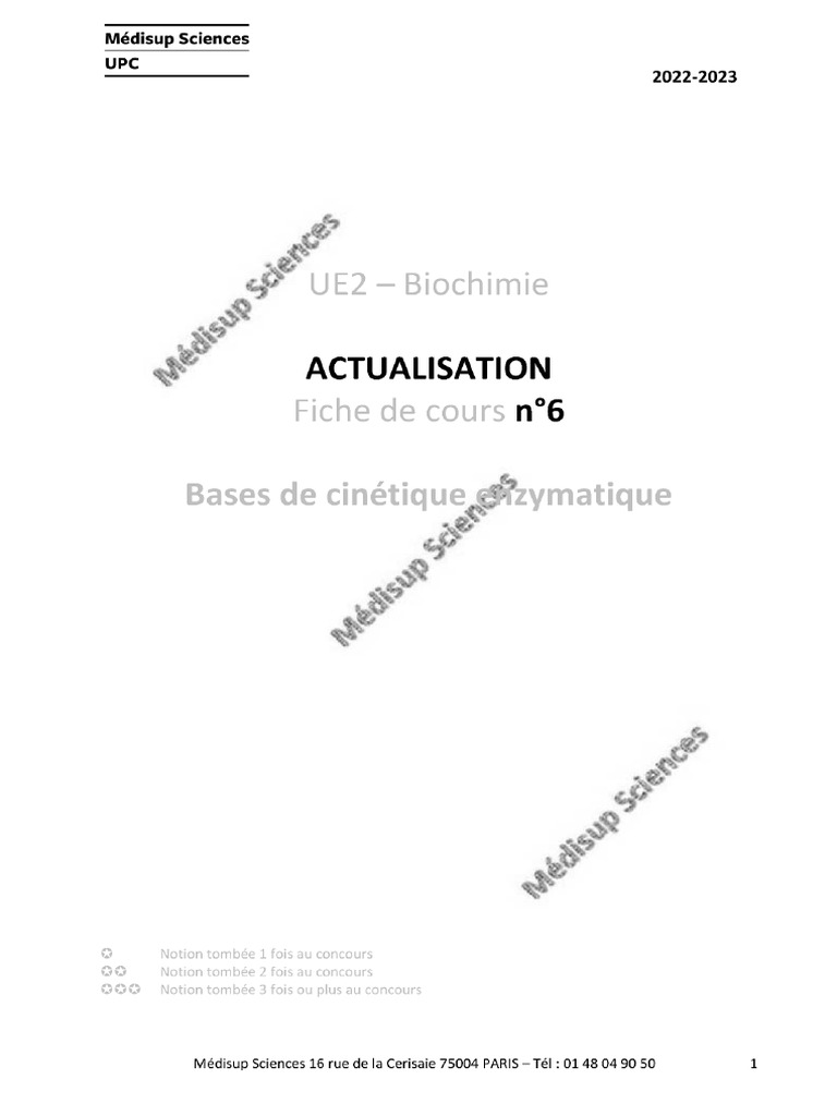UE2 Bases de Cinétique Enzymatique - Fiche Actualisée | PDF