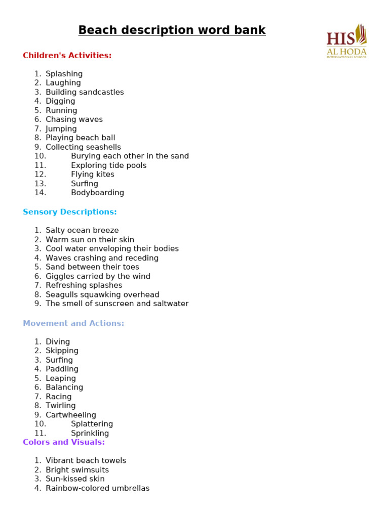 Beach Description Word Bank | PDF