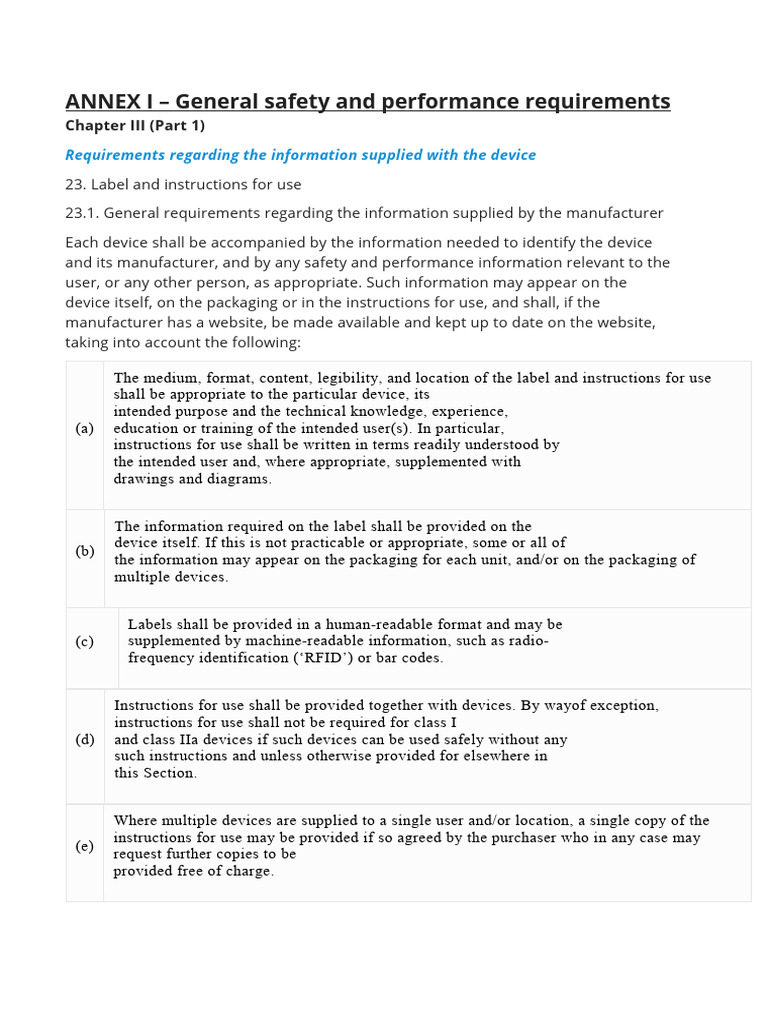 MDR Annex I - Chapter III (Part 1) - GSPR | PDF