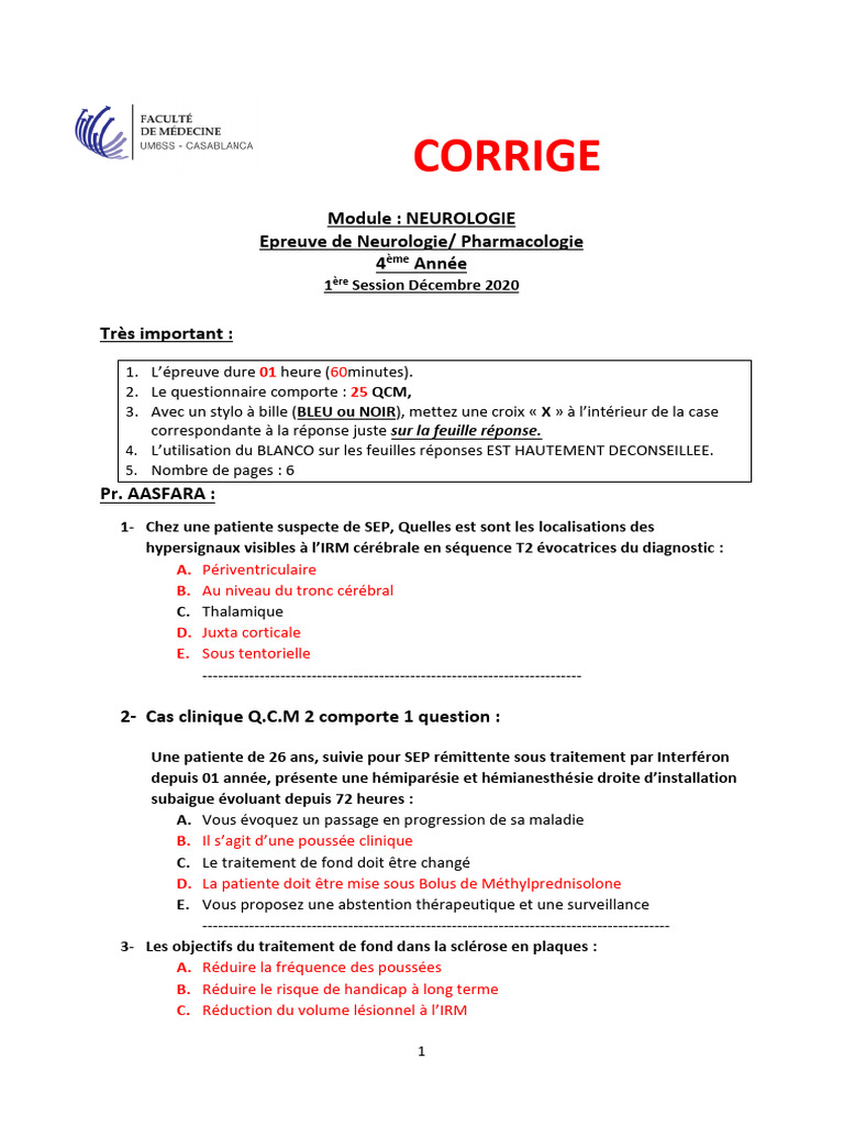 Corrigé QCM Neurologie Et Pharmacologie | PDF