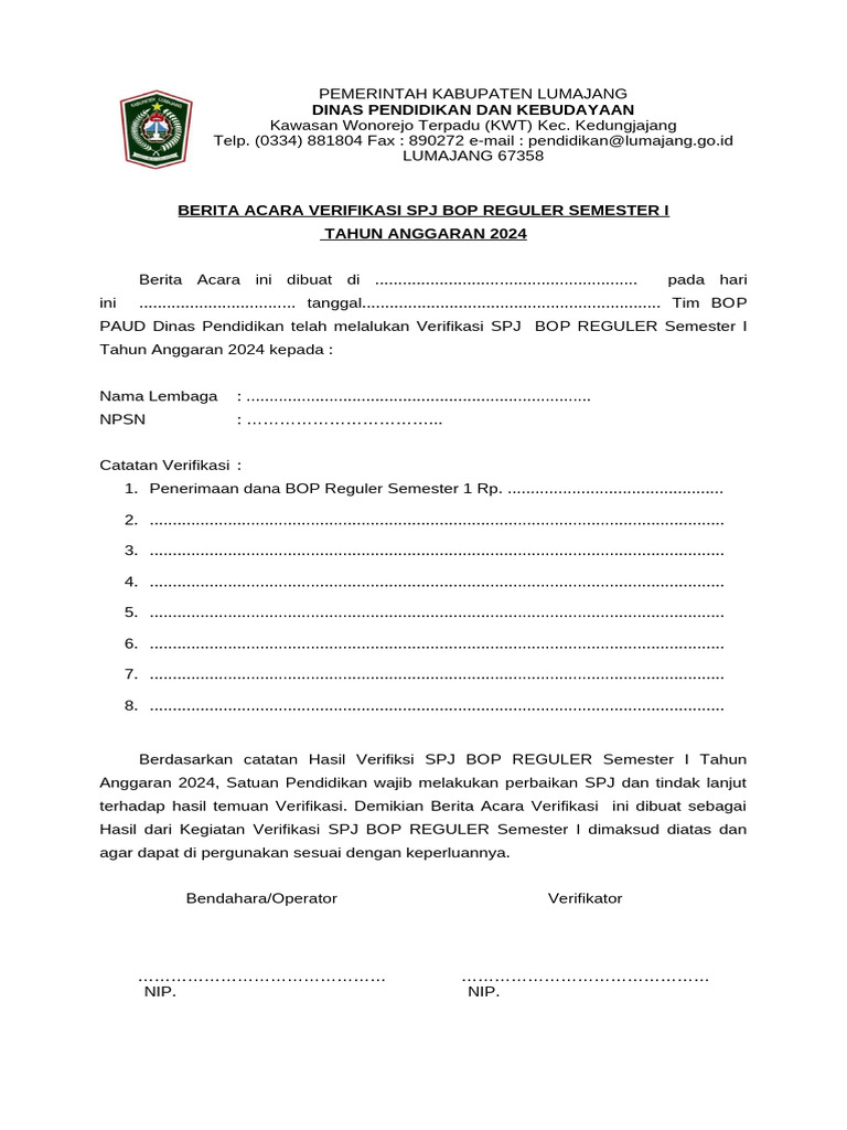 Ba Verifikasi SPJ Bop Reguler Dan Kinerja 2024 | PDF