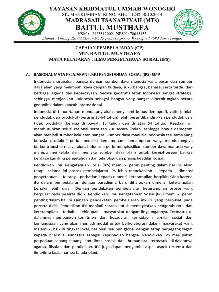 Mts Baitul Musthafa: Capaian Pembelajaran (CP) Mata Pelajaran: Ilmu Pengetahuan Sosial (Ips) | PDF