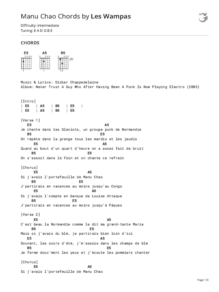 Manu Chao Chords by Les Wampastabs at Ultimate Guitar Archive | PDF