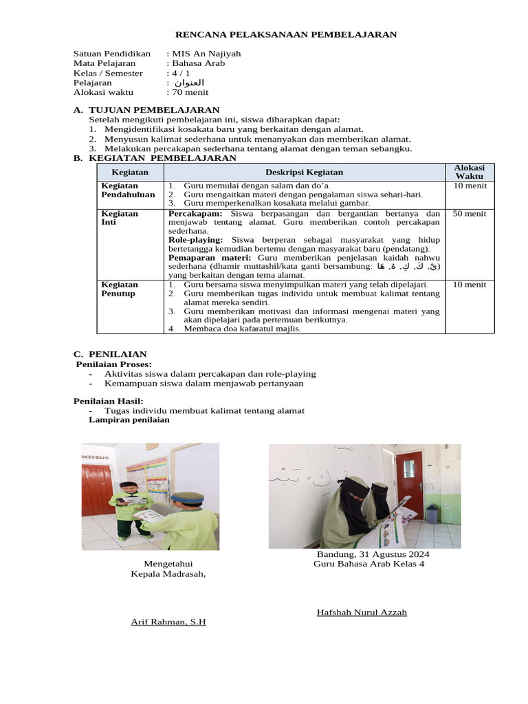 Contoh RPP Bahasa Arab Kelas 4 | PDF