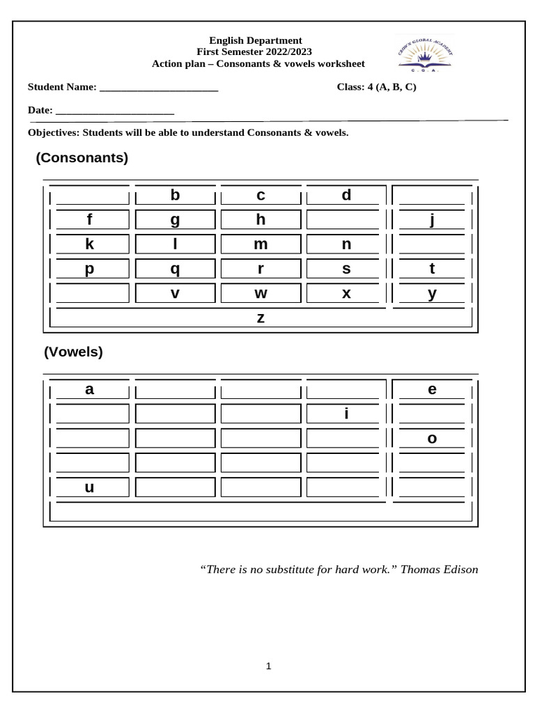Consonants and Vowels Worksheet | PDF