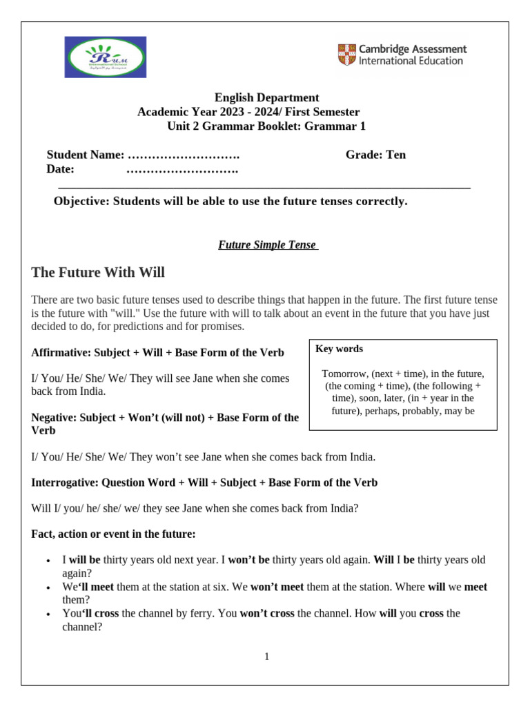 Grammar Worksheet Grade 10 Future Tenses | PDF
