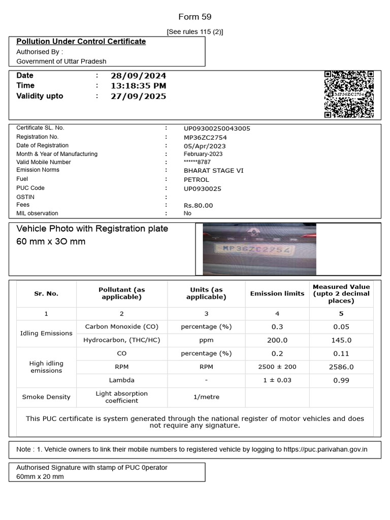Vehicle Photo With Registration Plate 60 MM X 3O MM: Pollution Under ...