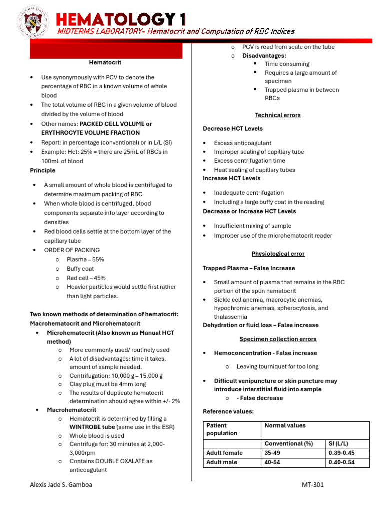 MIDTERMS LABORATORY - Hematocrit and Computation of RBC Indices | PDF