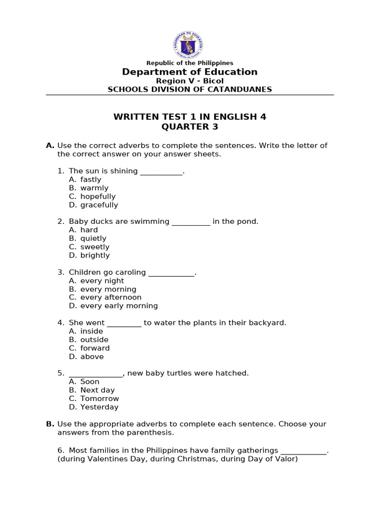 Written Test 1 Quarter 3 English 4 | PDF