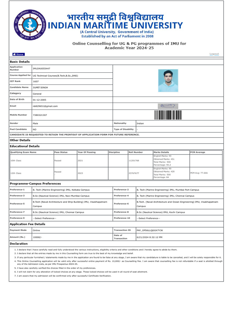 IMU UG Counseling Application Details | PDF