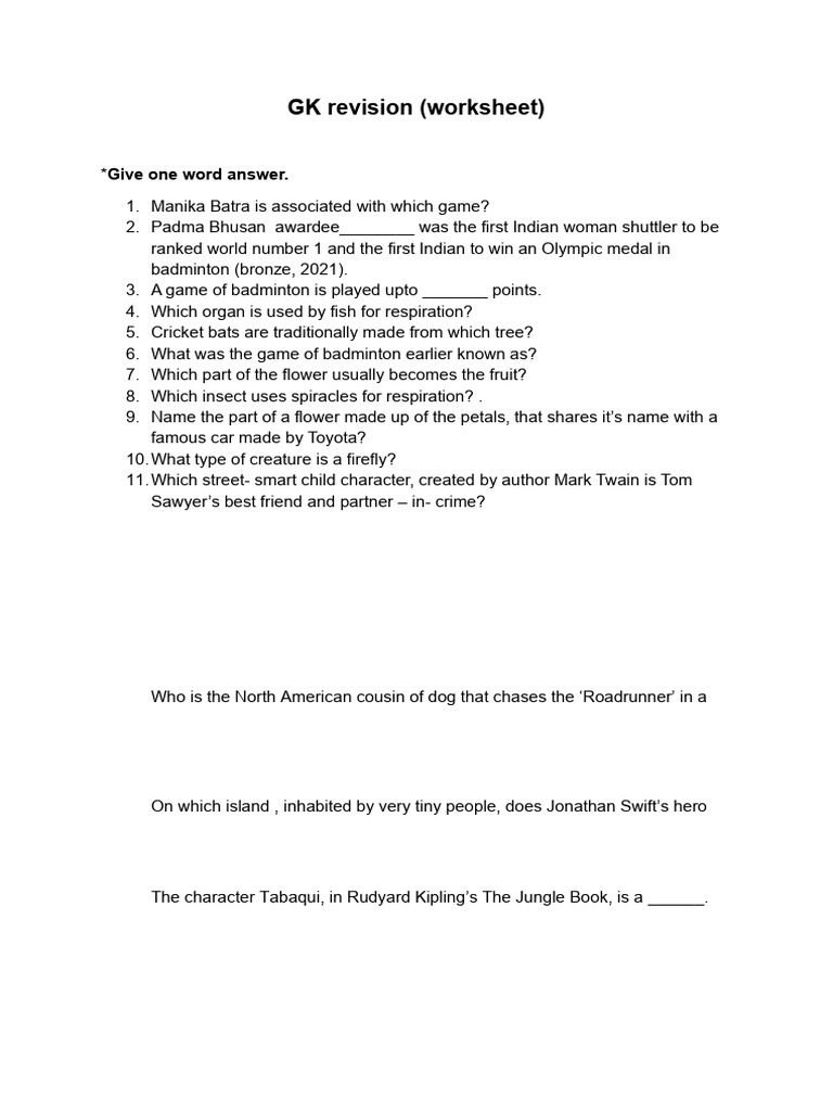 GK Revision (Worksheet) : Give One Word Answer | PDF