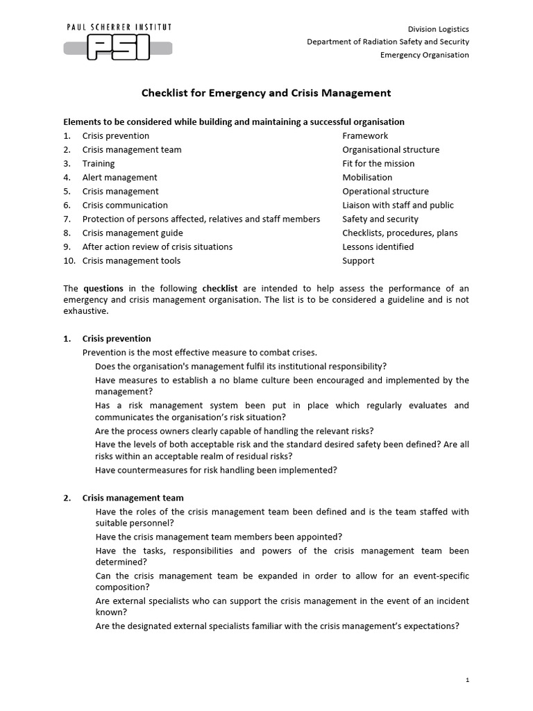 CERG 20190426 Crisis Management Checklist | PDF