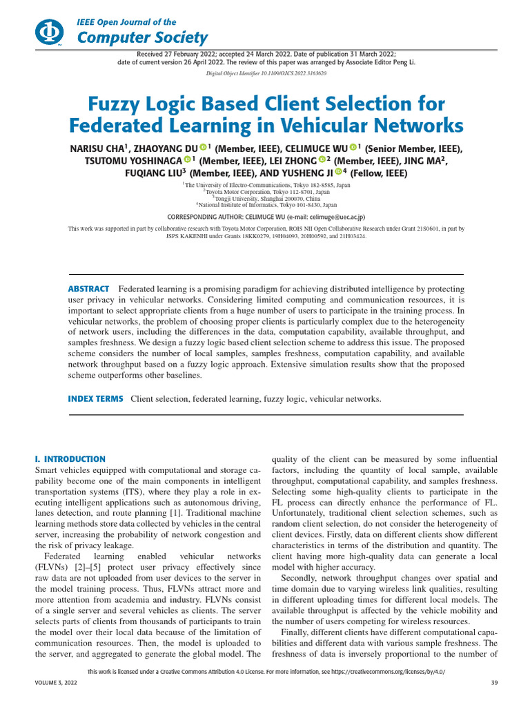 Fuzzy Logic Based Client Selection For Federated Learning in Vehicular Networks | PDF