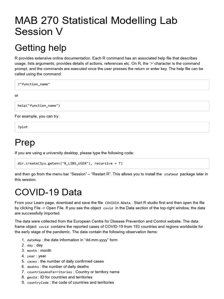 MAB 270 Statistical Modelling Lab Session V: Getting Help | PDF